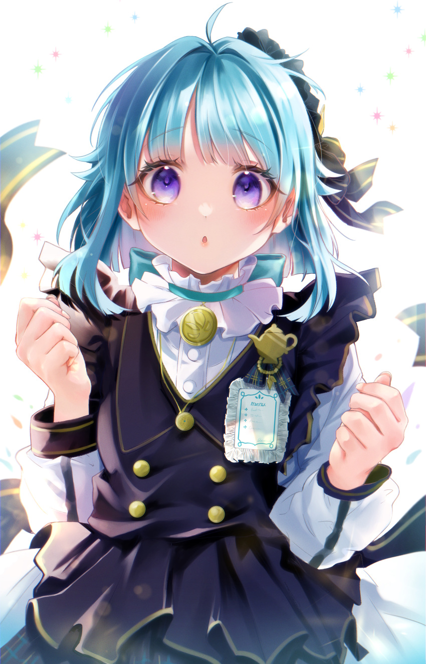 Safebooru - 1boy :o absurdres androgynous black shirt blue hair blush bow ensemble stars! hair ...