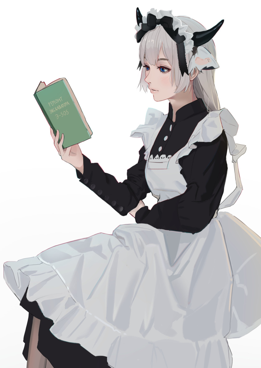 Safebooru - 1girl absurdres apron bangs black dress blue eyes book closed mouth collared dress ...