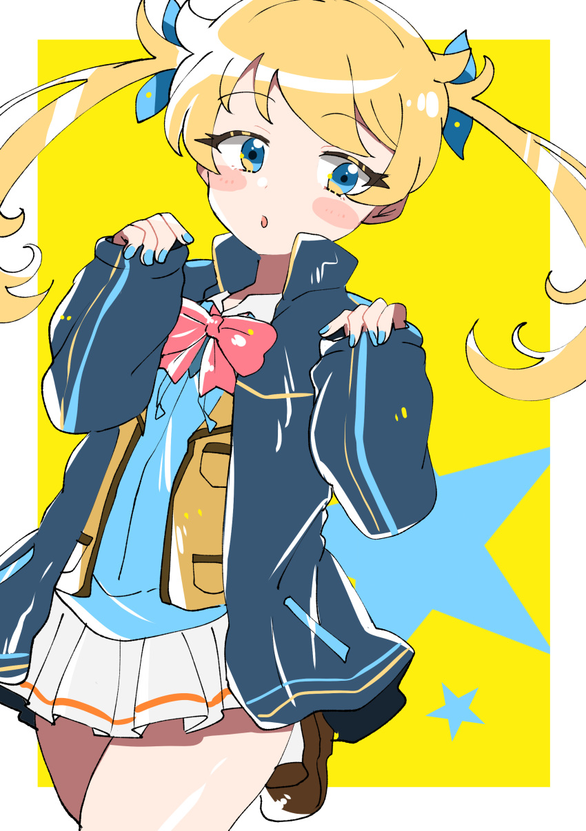 Safebooru - 1girl absurdres blonde hair blue eyes blue jacket blue nails blush stickers border ...