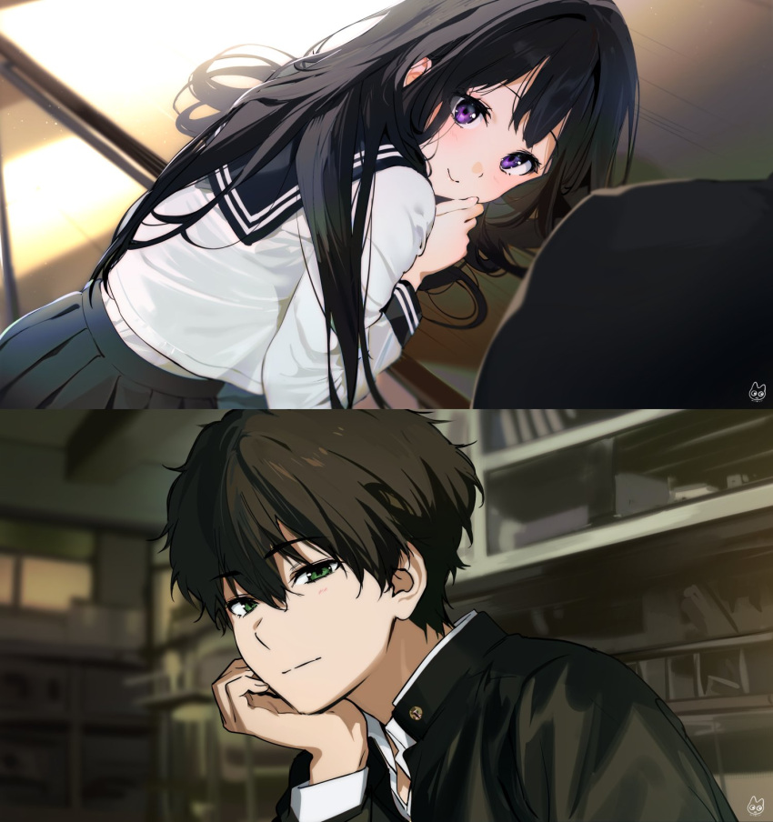 Safebooru - 1boy 1girl artist logo bangs black hair blush chitanda eru ...