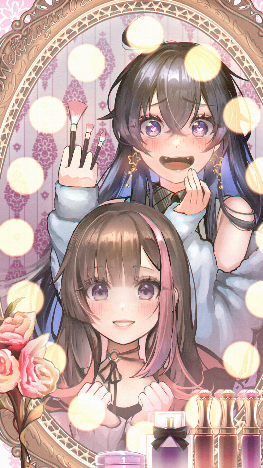 Safebooru - 2girls :d absurdres black hair blue hair blush clenched hands colored inner hair ...