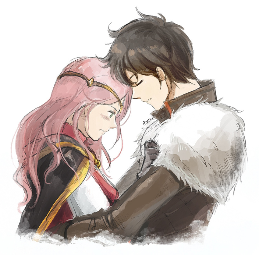 Safebooru - 1boy 1girl artist name brown hair cape closed eyes commentary request couple ...