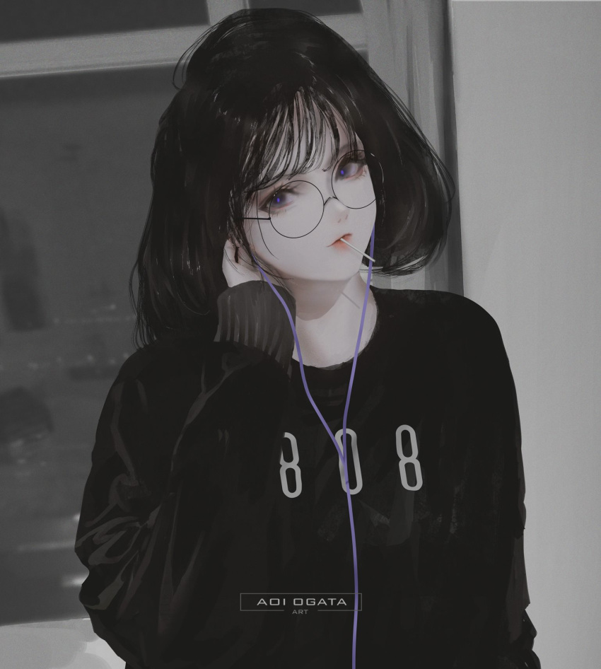 Safebooru - 1girl aoi ogata artist name bangs black-framed eyewear black hair black shirt blue ...