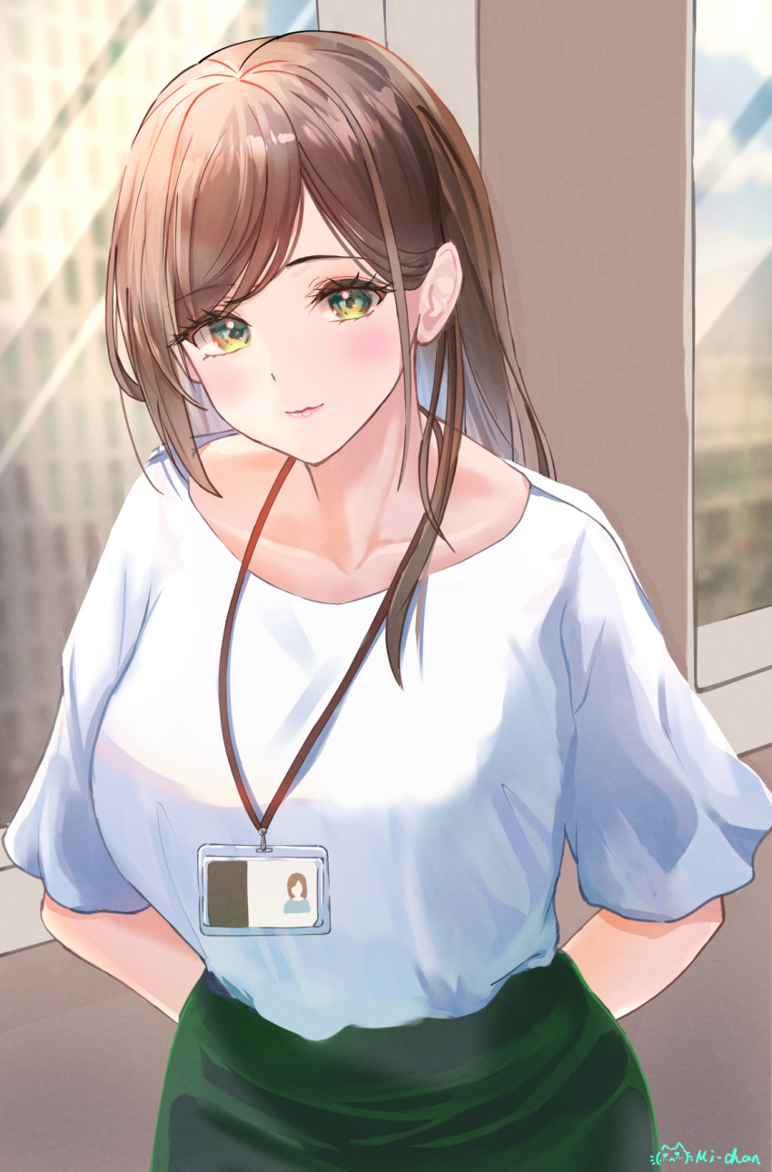 Safebooru - 1girl arms behind back artist name bangs blush brown hair collarbone green eyes ...