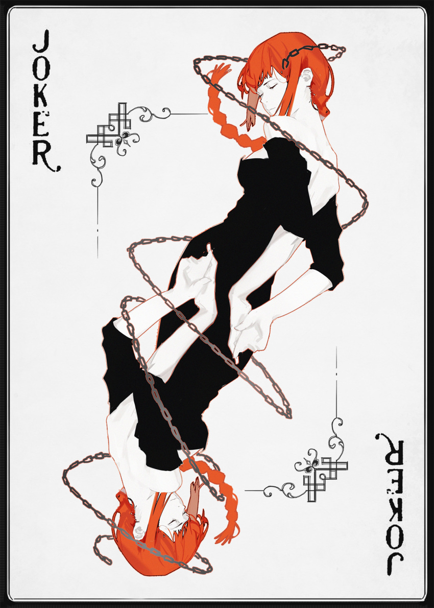 Safebooru - 1girl bangs black dress braid braided ponytail card chain chainsaw man closed eyes ...