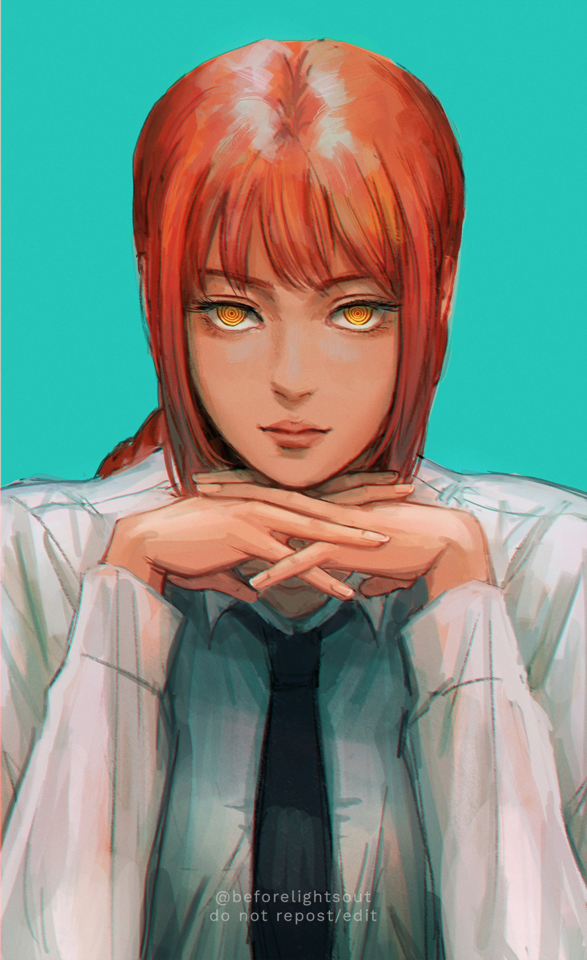 Safebooru - 1girl bangs black necktie blue background braid braided ponytail chainsaw man ...