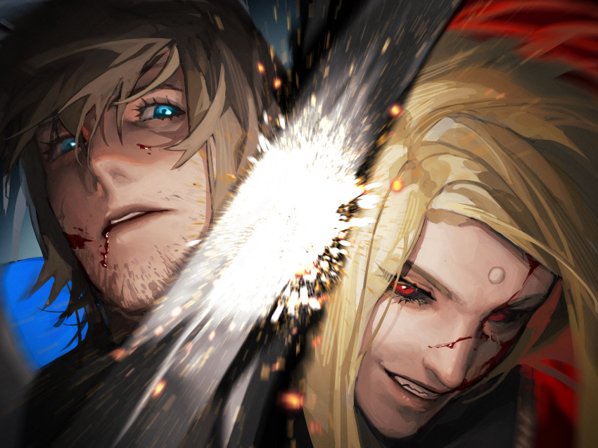 Safebooru - 2boys absurdres adventurer (ff14) bangs battle black sclera bleeding blonde hair ...