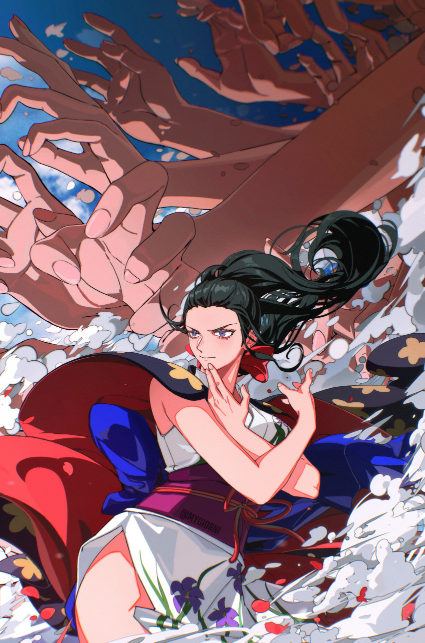 Safebooru - absurdres black hair cape floral print grey eyes highres japanese clothes kimono ...