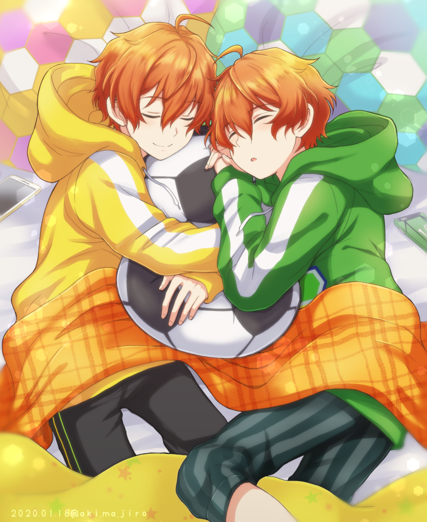 Safebooru - 2020 2boys ahoge aki ma jiro aoi kyosuke aoi yusuke blanket brothers closed eyes ...