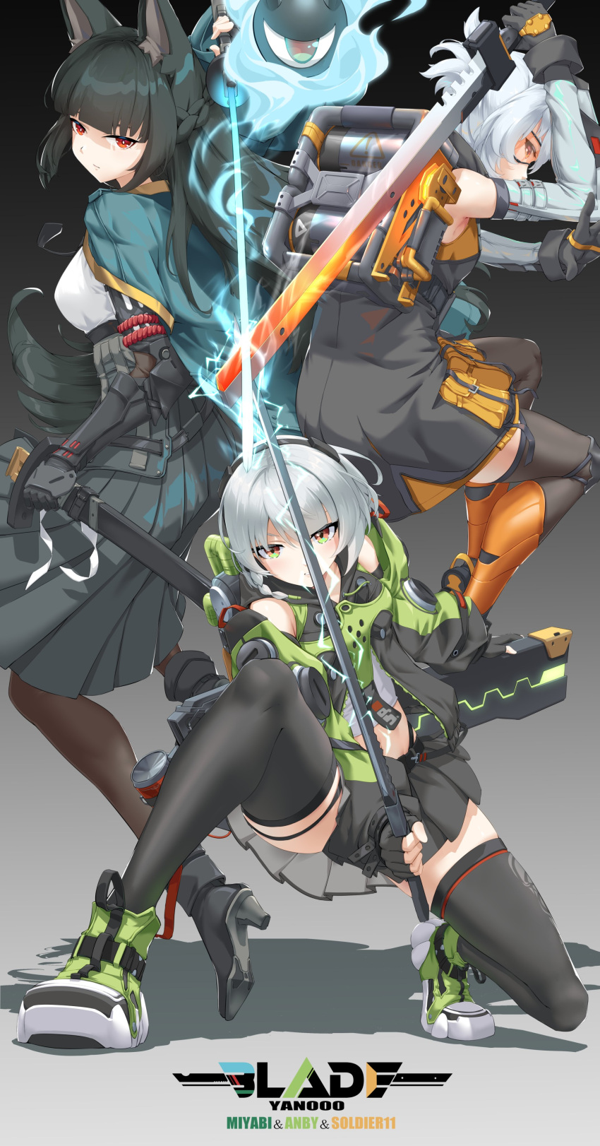 Safebooru - 3girls absurdres anby demara animal ears artist name bangs black coat black dress ...