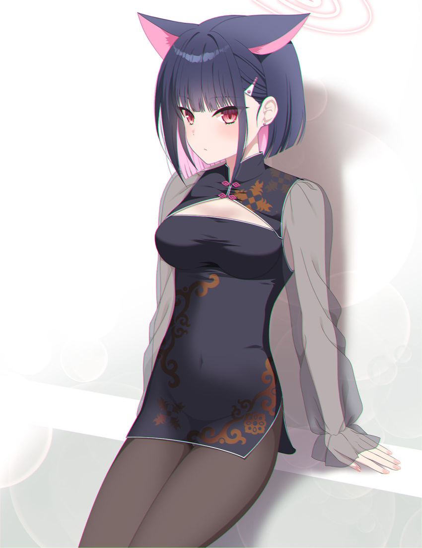 Safebooru - 1girl alternate costume animal ears arm support bangs black hair black pantyhose ...