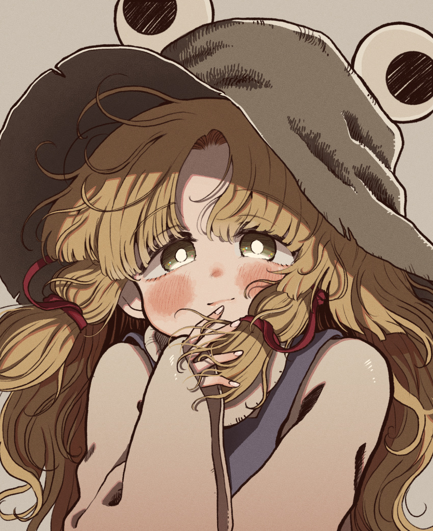 Safebooru - 1girl bangs blonde hair blue jacket blush bright pupils brown headwear closed mouth ...