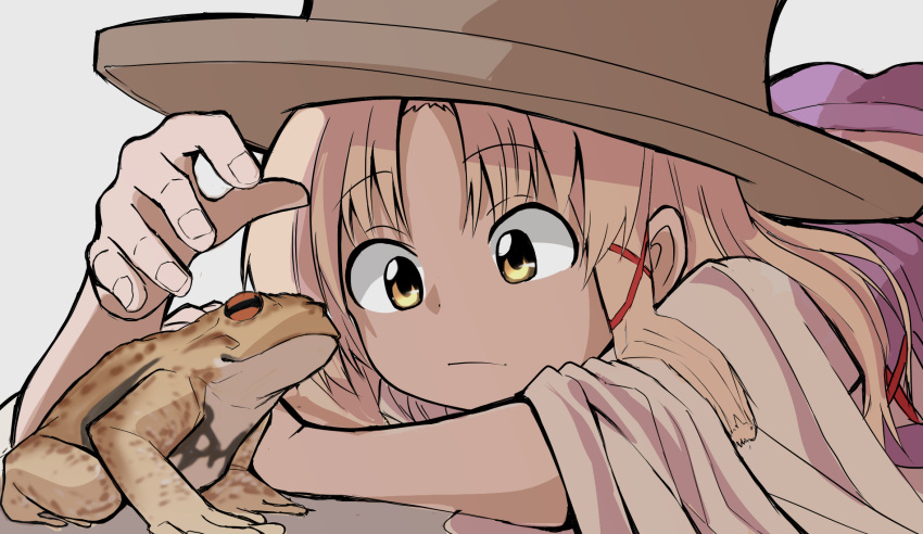 Safebooru - 1girl bangs blonde hair brown headwear closed mouth frog grey background highres ...