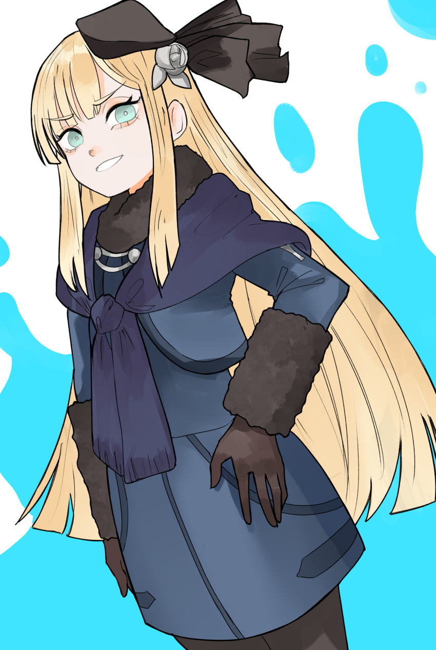 Safebooru - 1girl absurdres bangs black headwear blonde hair blue jacket blunt bangs cowboy shot ...