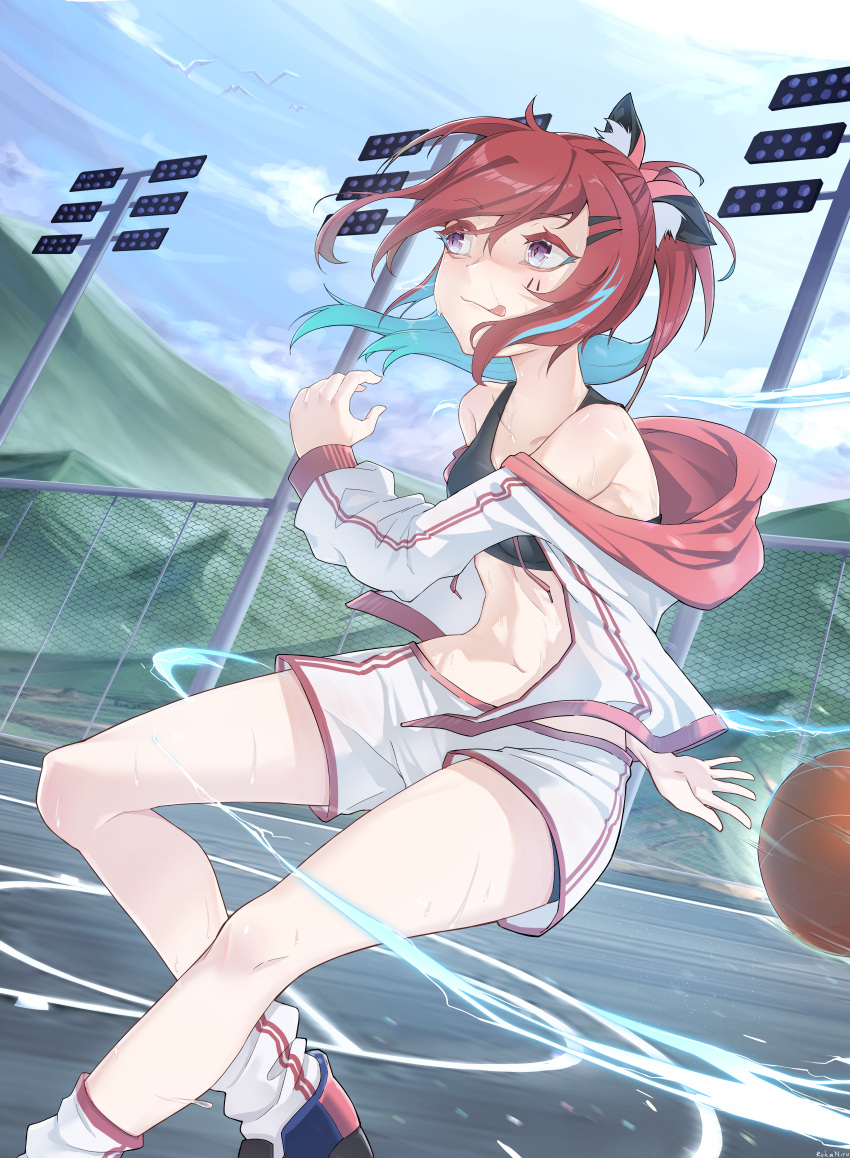 Safebooru - 1girl absurdres animal ears arm behind back basketball basketball court bird blue ...