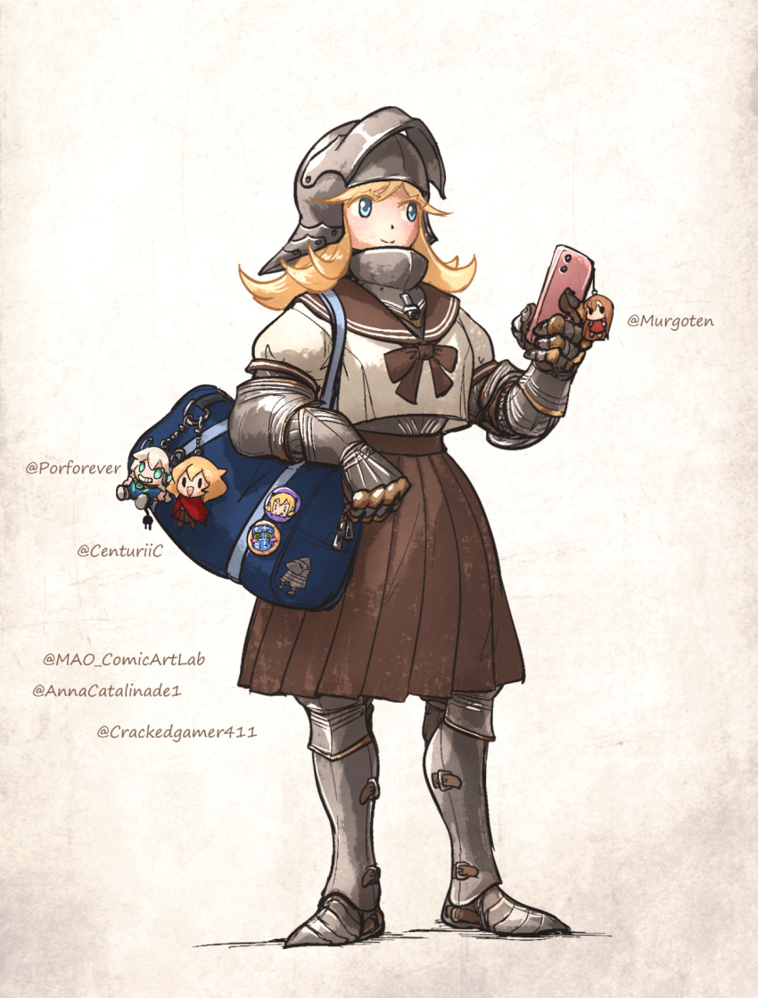 Safebooru - 1girl armor bag blonde hair blue eyes brown skirt cellphone highres holding holding ...