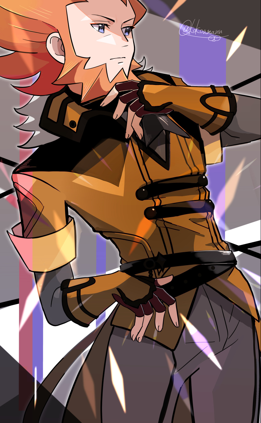 Safebooru - 1boy absurdres beard belt black belt black gloves blue eyes brown jacket buttons ...