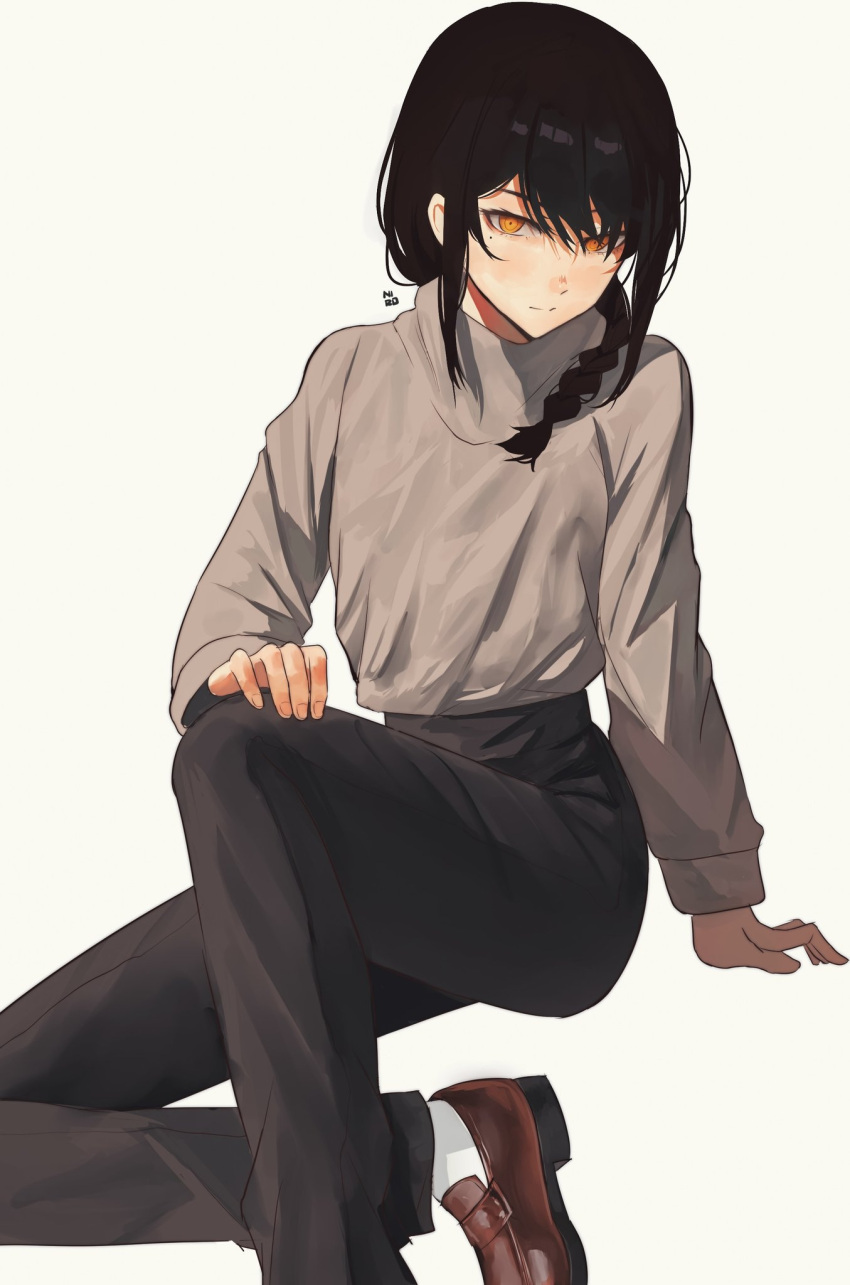 Safebooru - 1girl bangs black hair braid braided ponytail brown footwear chainsaw man grey ...