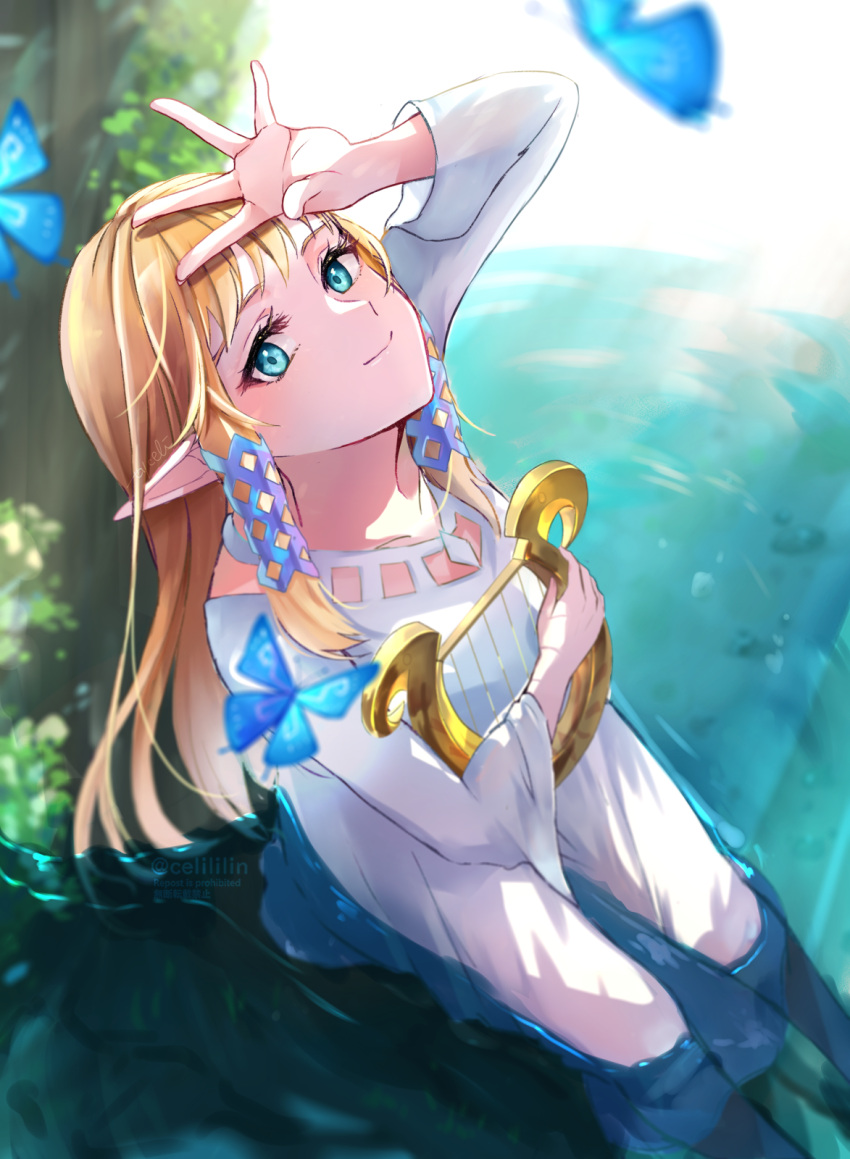 Safebooru - 1girl bangs blonde hair blue eyes bug butterfly dress harp ...