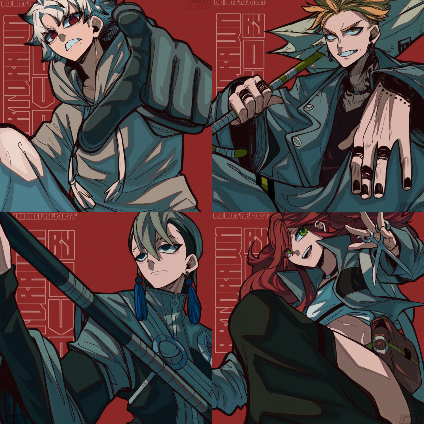 Safebooru - 2boys 2girls absurdres arm tattoo belt pouch black nails black shirt blonde hair ...