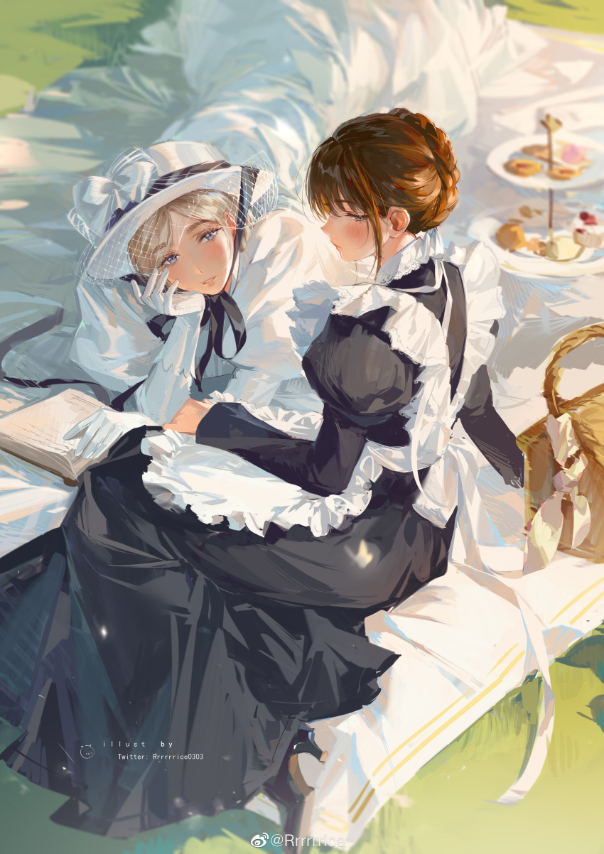Safebooru - 2girls absurdres apron bangs black dress black footwear blanket blonde hair blush ...