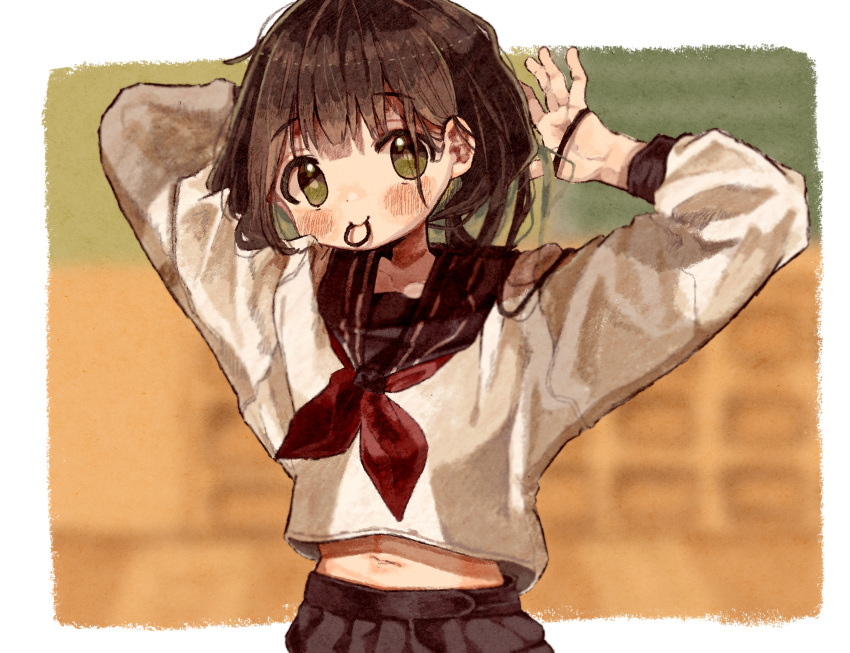 Safebooru - 1girl absurdres arms up bangs black sailor collar black skirt border brown hair ...