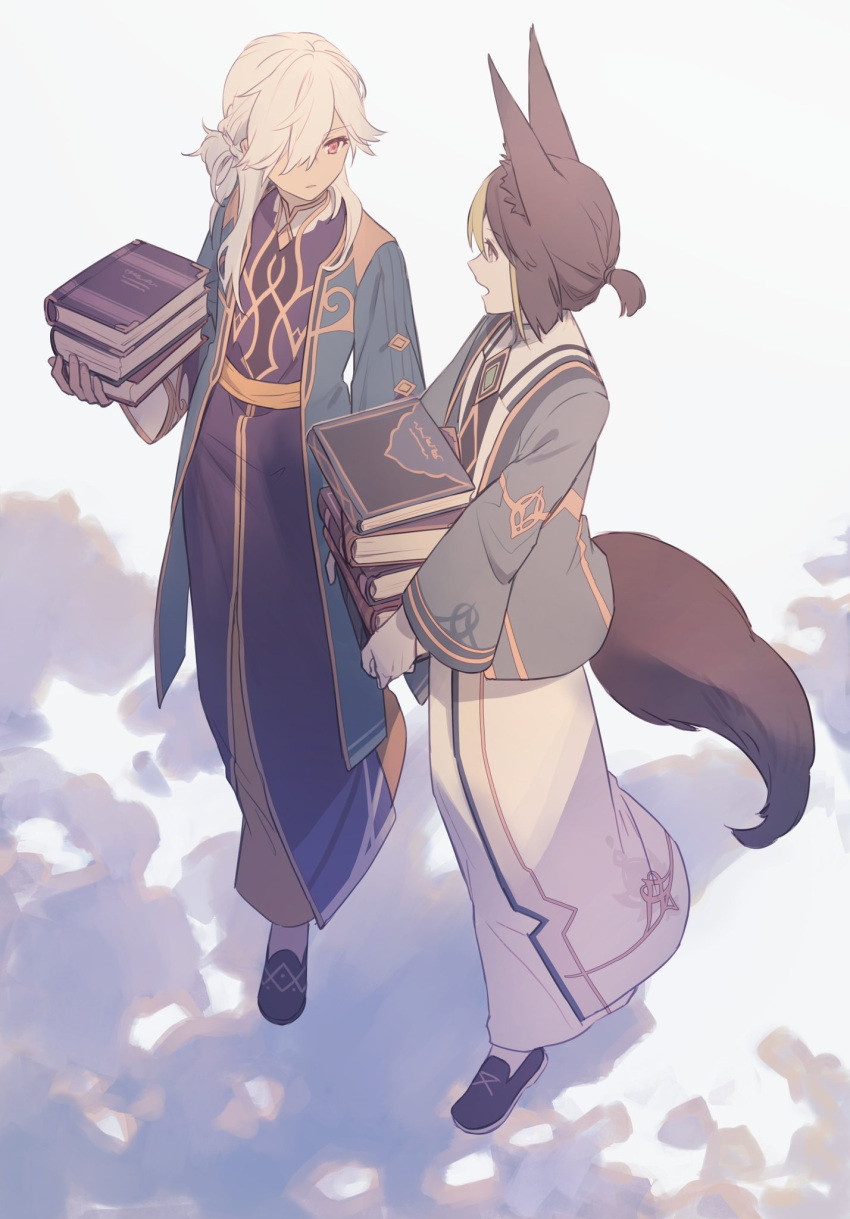 Safebooru - 2boys alternate hairstyle animal ears bangs black hair book ...