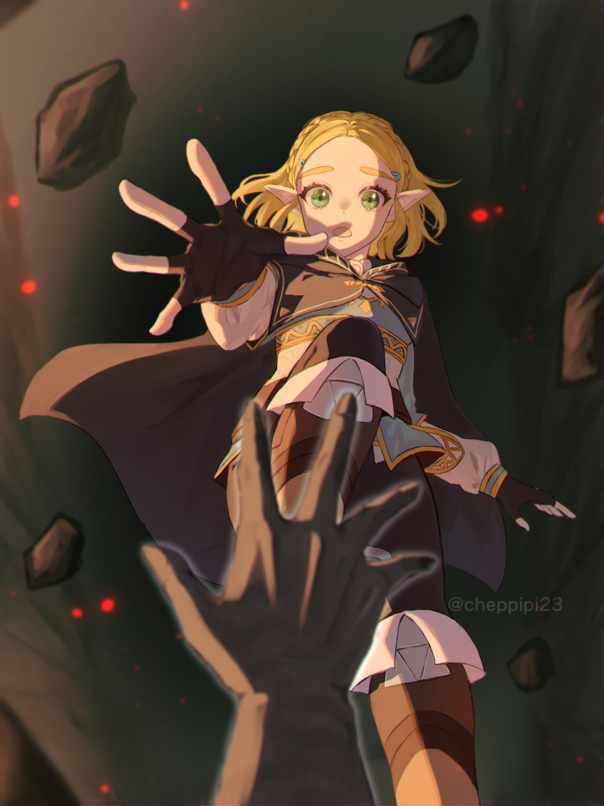 Safebooru - 1boy 1girl absurdres arm up artist name blonde hair blue shirt boots falling ...