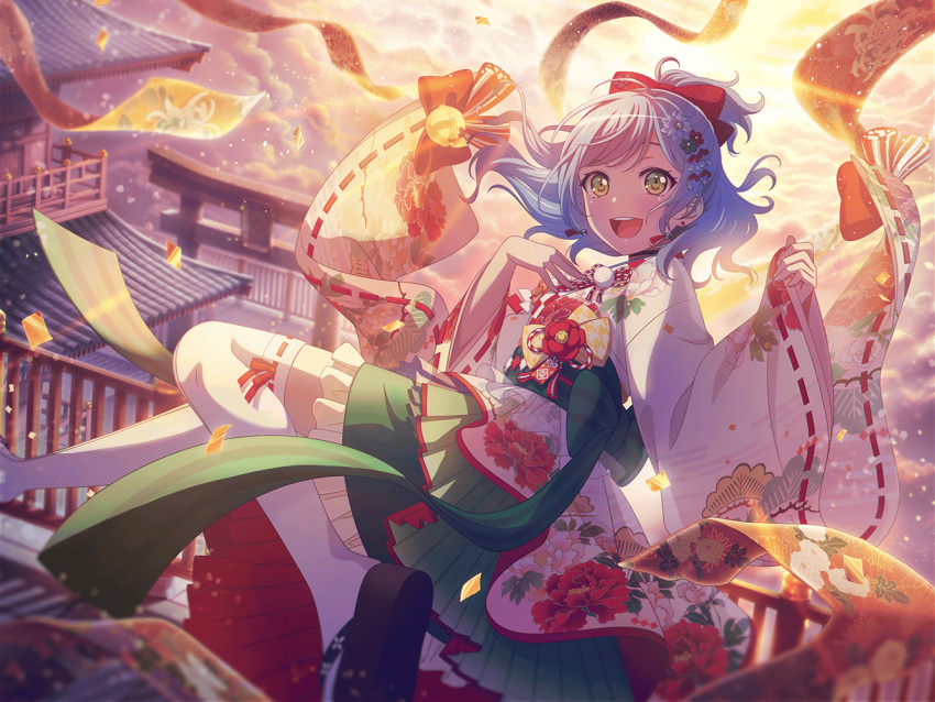 Safebooru - 1girl asahi rokka bang dream! blue hair blush green eyes japanese architecture ...