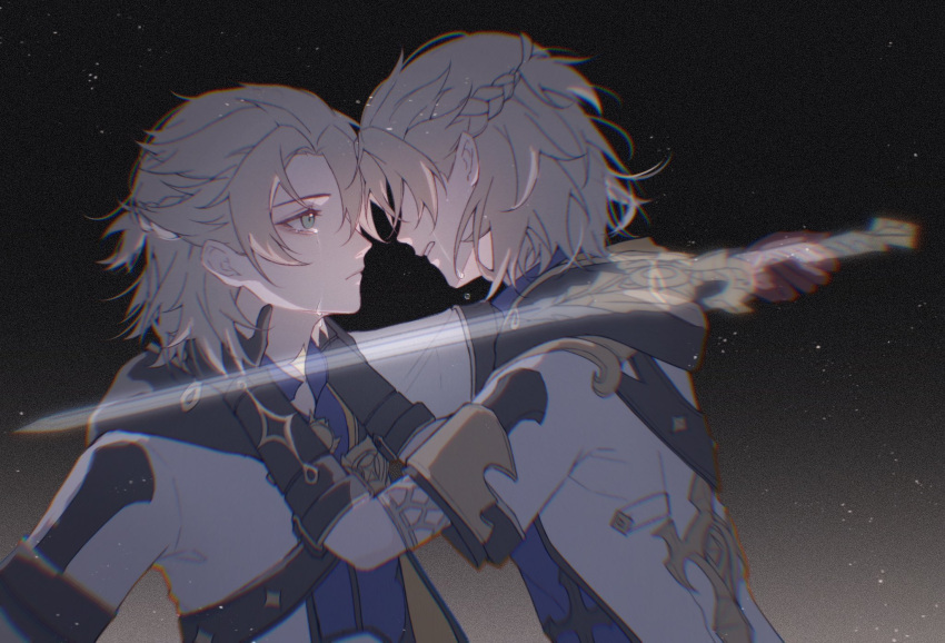 Safebooru - 2boys albedo (genshin impact) black gloves blue shirt braid brown hair closed mouth ...