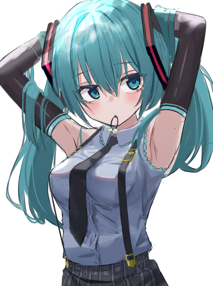 Safebooru - 1girl aqua eyes aqua hair armpits arms up black sleeves blush breasts detached ...