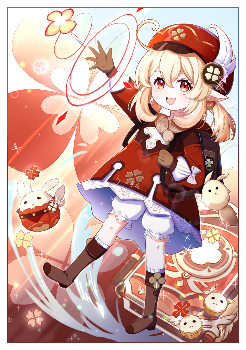 Safebooru - 1girl :d ahoge arm up backpack bag bag charm bangs blonde hair bloomers boots brown ...