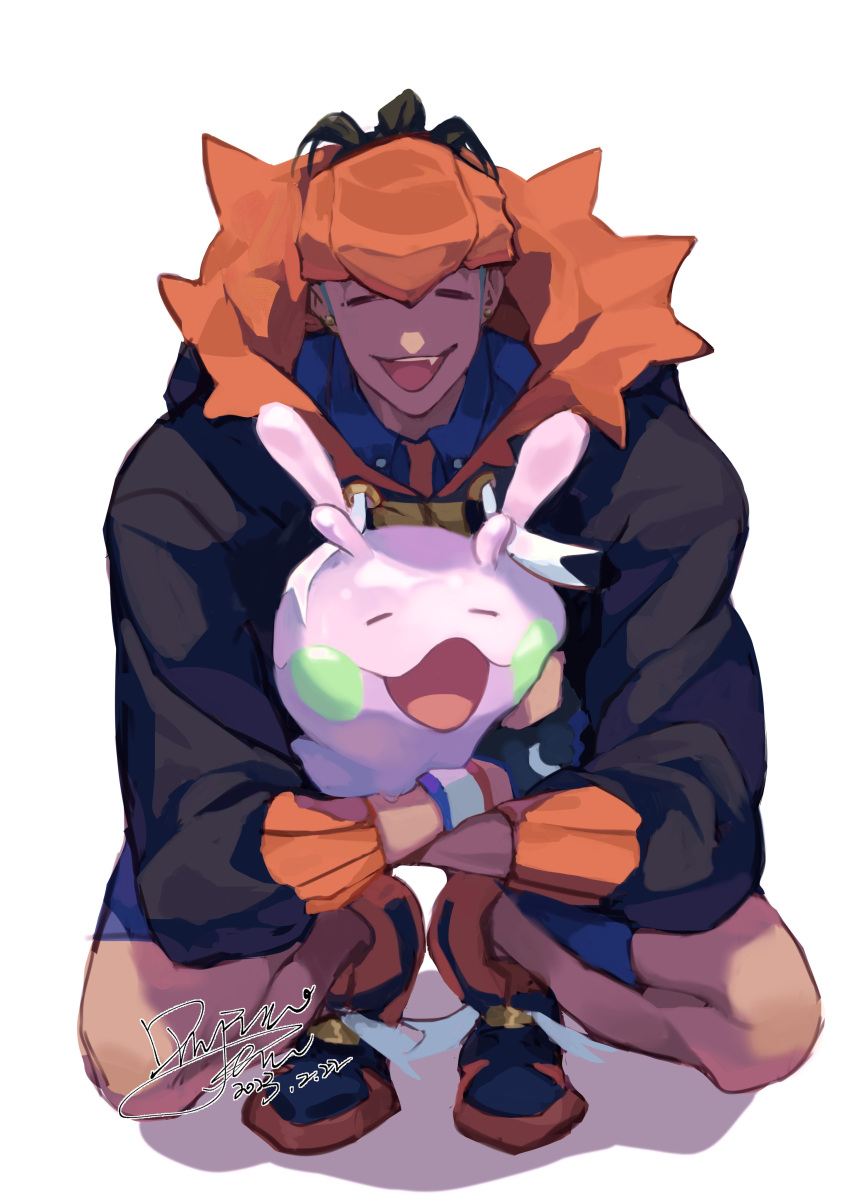 Safebooru - 1boy :d absurdres black footwear black hoodie blue shirt ...