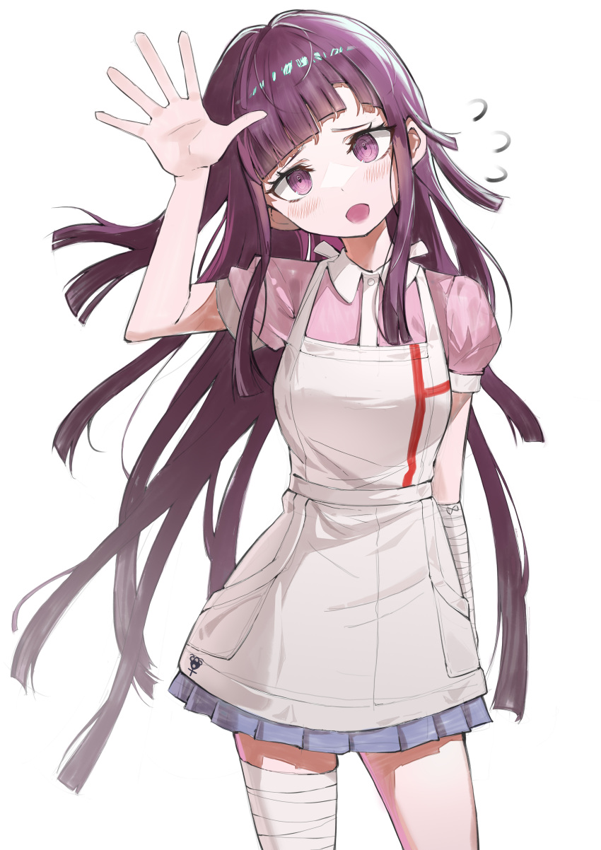 Safebooru - 1girl :d absurdres apron arm at side bandaged arm bandaged leg bandages bangs blue ...