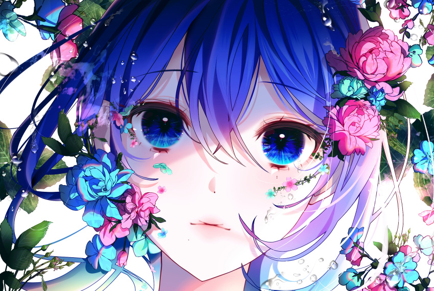 Safebooru - 1girl 58 (opal 00 58) bangs blue eyes blue flower blue hair closed mouth commentary ...