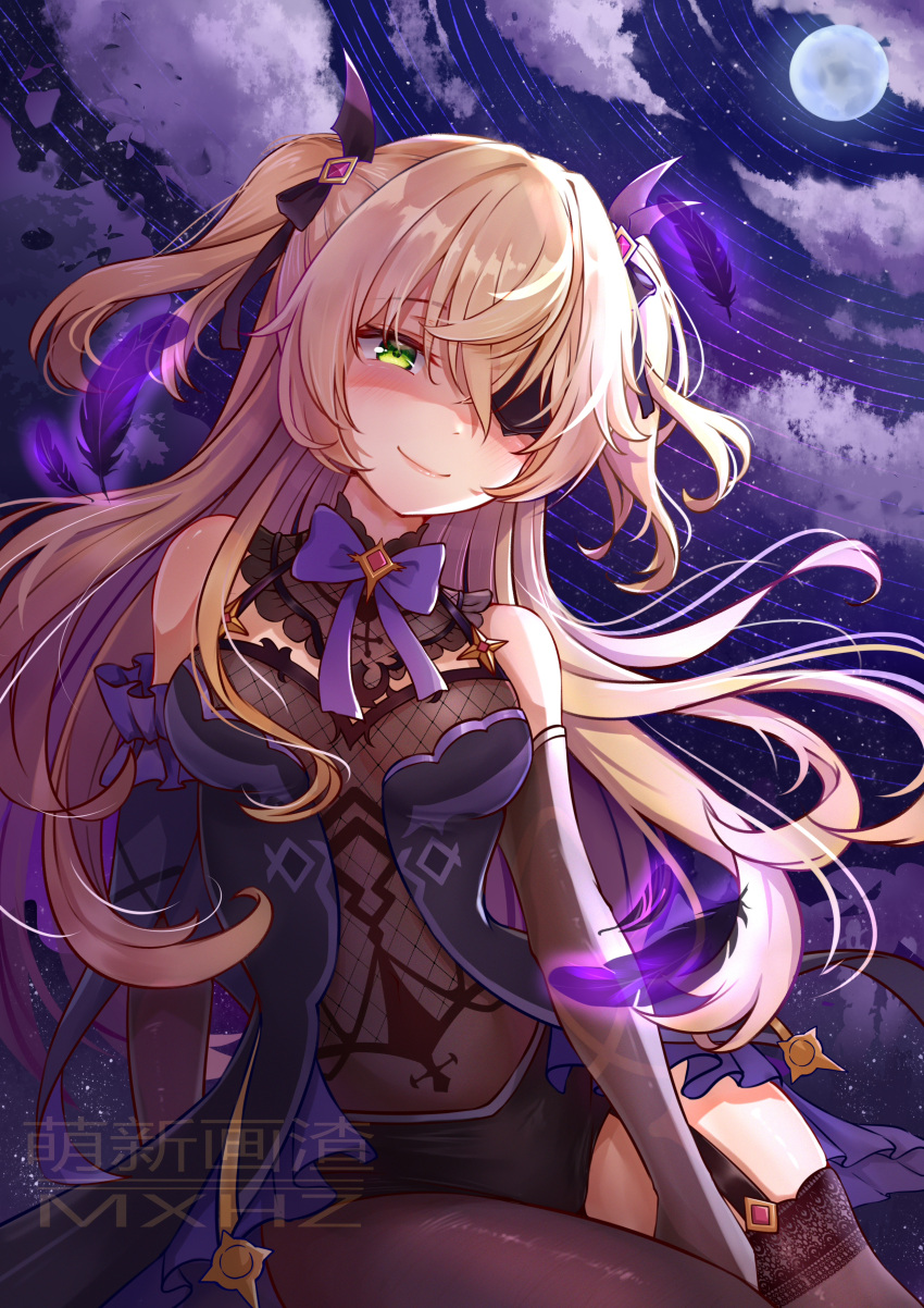 Safebooru - 1girl absurdres bangs bare shoulders bat ornament black feathers black ribbon blonde ...