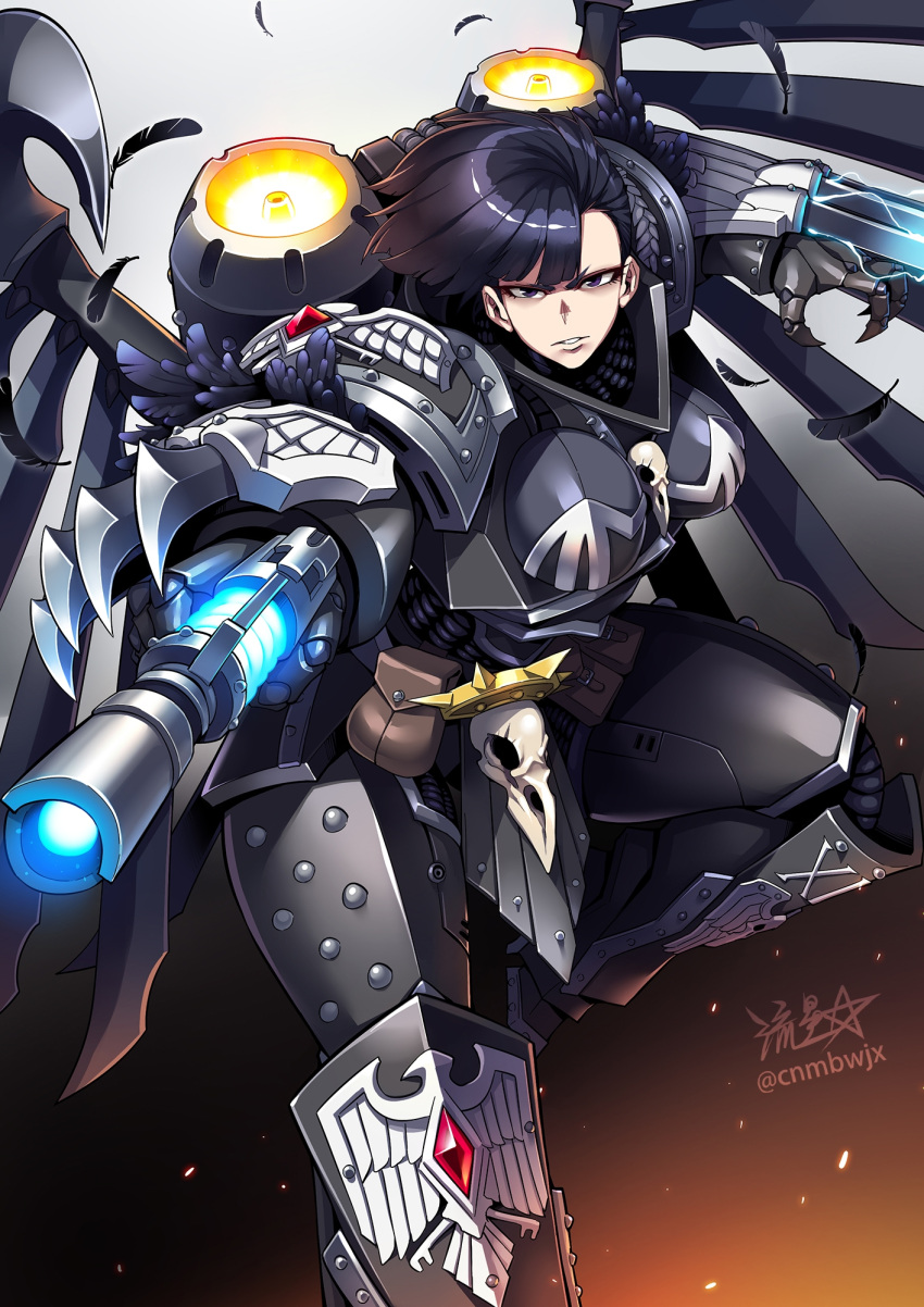 Safebooru - 1girl armor black hair blood breastplate breasts claws corvus corax gauntlets ...