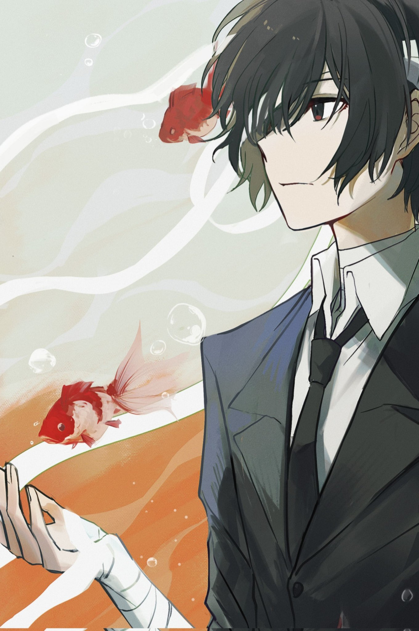 Safebooru - 1boy animal bandaged hand bandaged neck bandages bangs black eyes black hair black ...