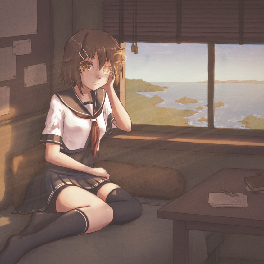 Safebooru - 1girl absurdres asymmetrical legwear bangs black sailor collar black skirt brown ...