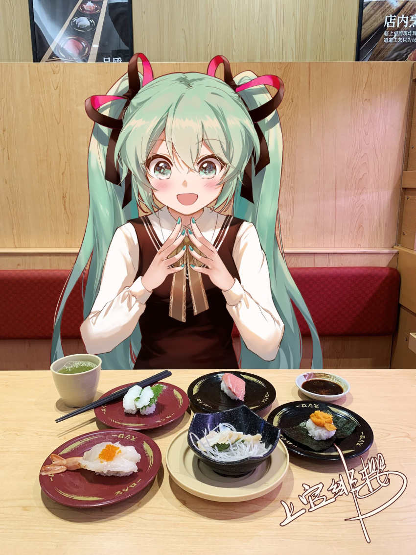 Safebooru - 1girl alternate costume aqua eyes aqua hair aqua nails collared shirt food hair ...