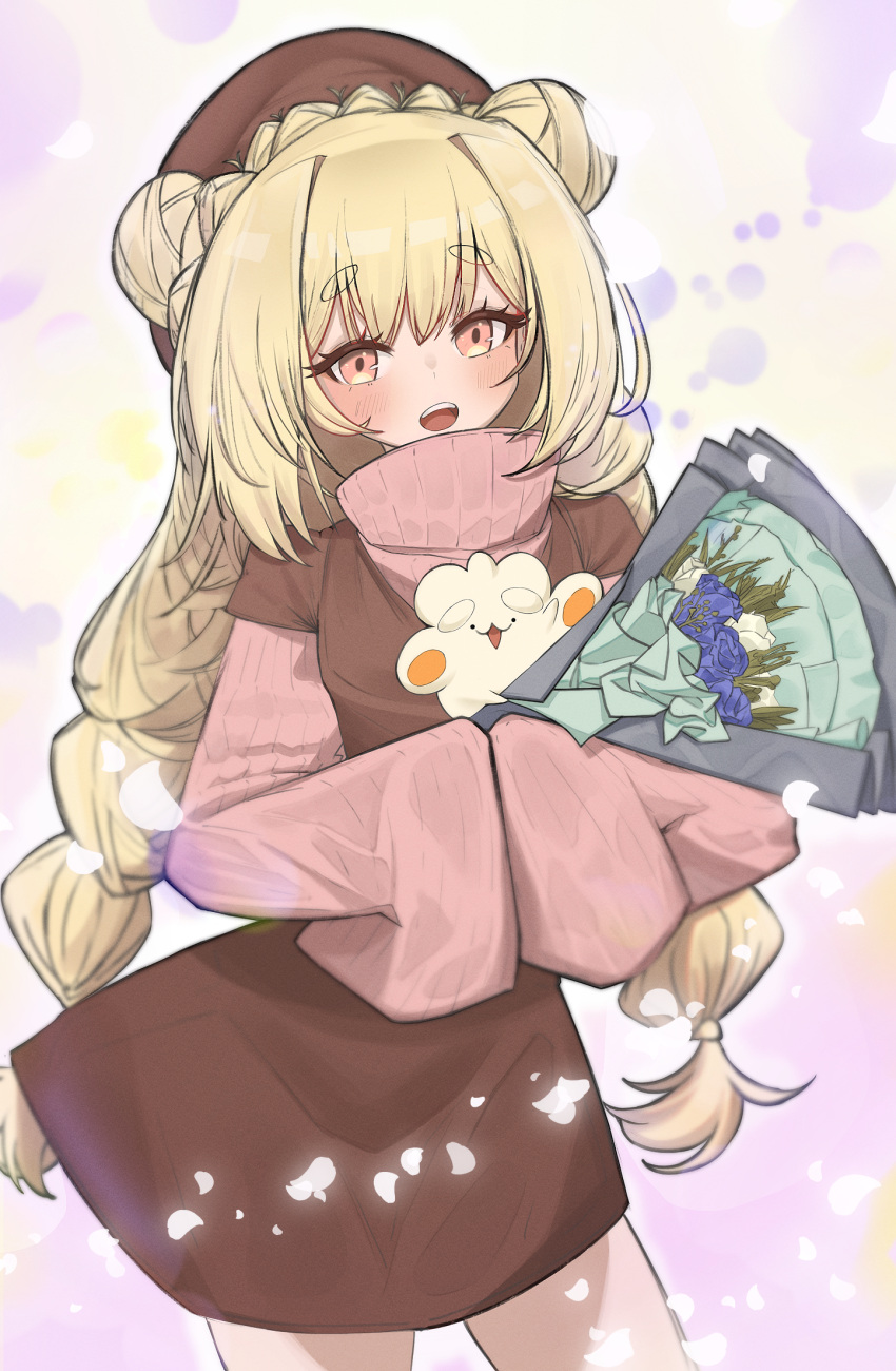 Safebooru - 1girl :d blonde hair blue flower blue rose blush bouquet braid brown dress brown ...