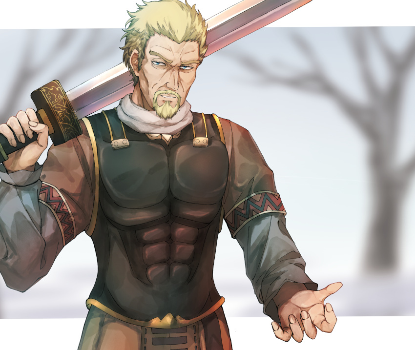 Safebooru - 1boy armor askeladd beard blonde hair blue eyes blurry blurry background breastplate ...