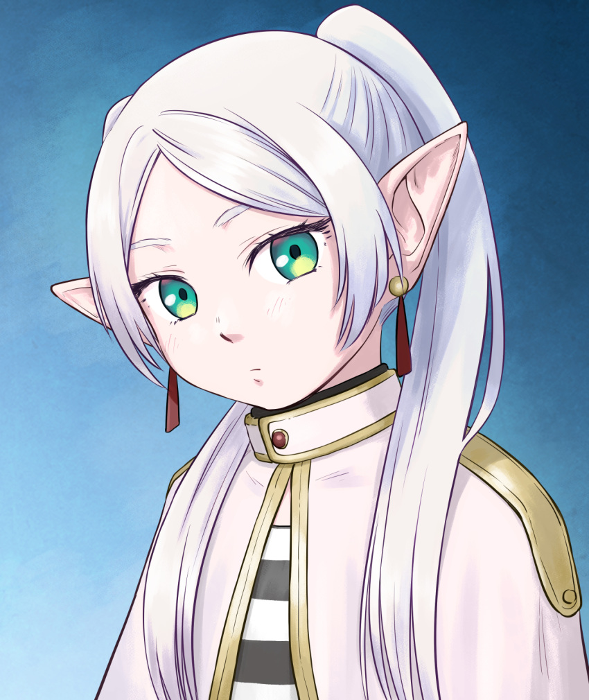 Safebooru - 1girl blue background earrings elf frieren green eyes ...