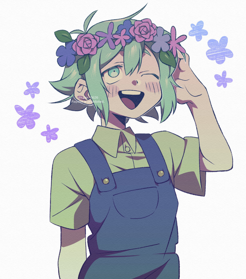 Safebooru - 1boy absurdres arm up basil (omori) blue overalls blush ...