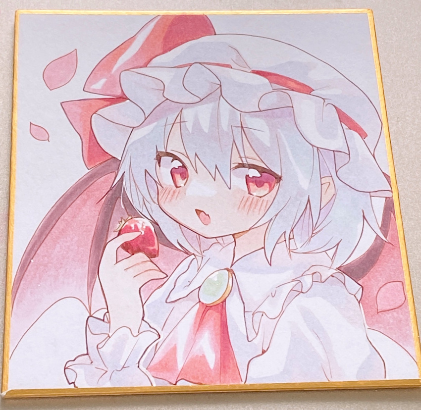 Safebooru - 1girl ascot bangs bat wings commentary fang food fruit grey ...