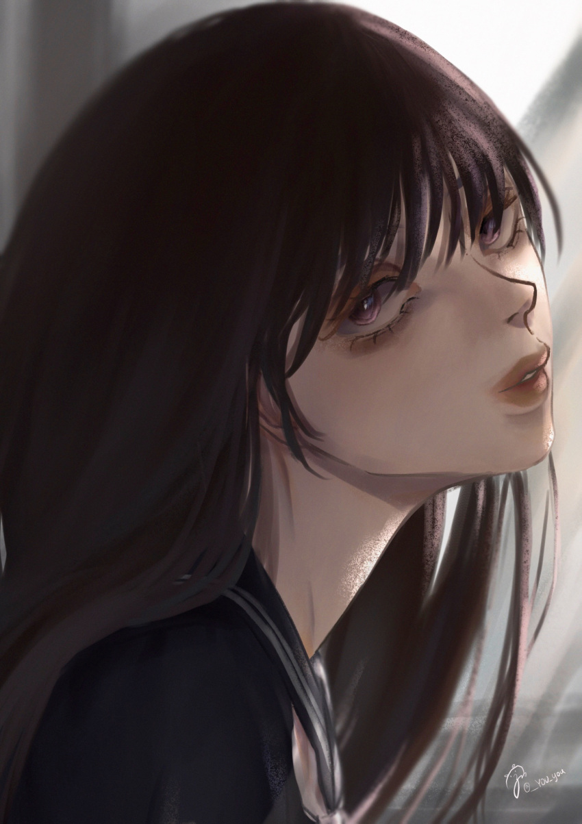 Safebooru - 1girl bags under eyes black hair black serafuku day highres lipstick long hair ...