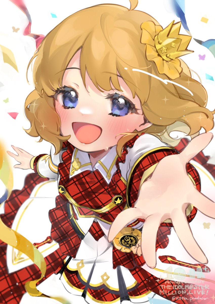 Safebooru - 1girl absurdres ahoge blush brown hair confetti crown dress ...