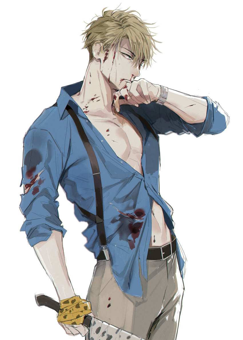 Safebooru - 1boy absurdres animal print belt black belt blonde hair blood blood on clothes blood ...