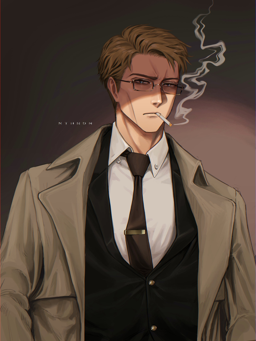 Safebooru - 1boy absurdres black necktie blonde hair blue eyes buttons cigarette collared shirt ...