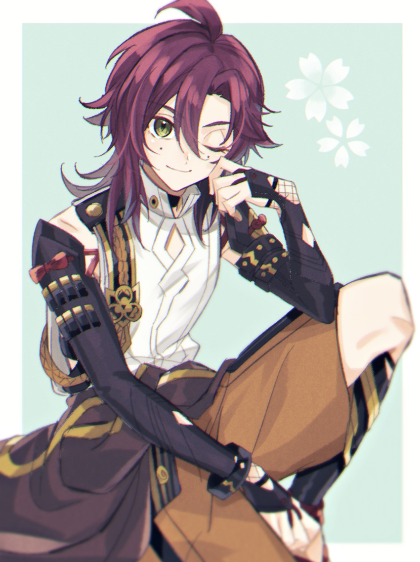 Safebooru - 1boy ahoge aiguillette armor bangs blush border bracelet brown shorts closed mouth ...